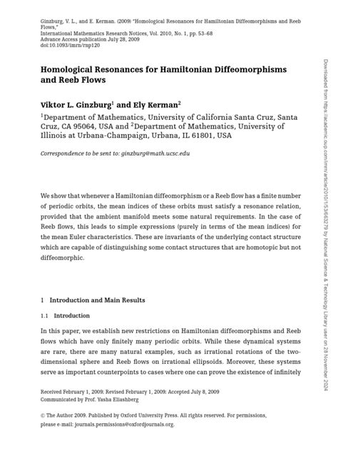 2010 Homological Resonances For Hamiltonian Diffeomorphisms And Reeb