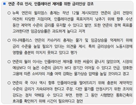 코멘트 연준 주요인사 인플레 제어 위한 금리인상 강조 국금센터