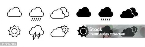 기상 조건 설정 아이콘입니다 구름 흐림 태양 비 번개 뇌우 바람 달 무지개 눈 눈송이 예보 자연 개념입니다 비즈니스에 대 한