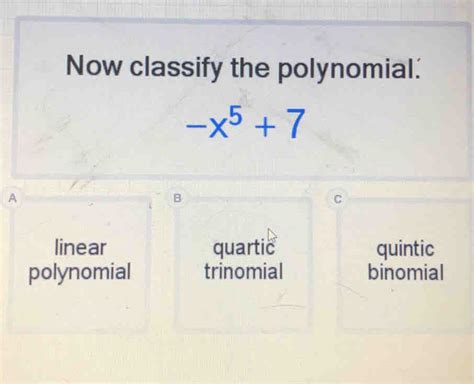 Solved Now Classify The Polynomial X 5 7 A B C Linear Quartic