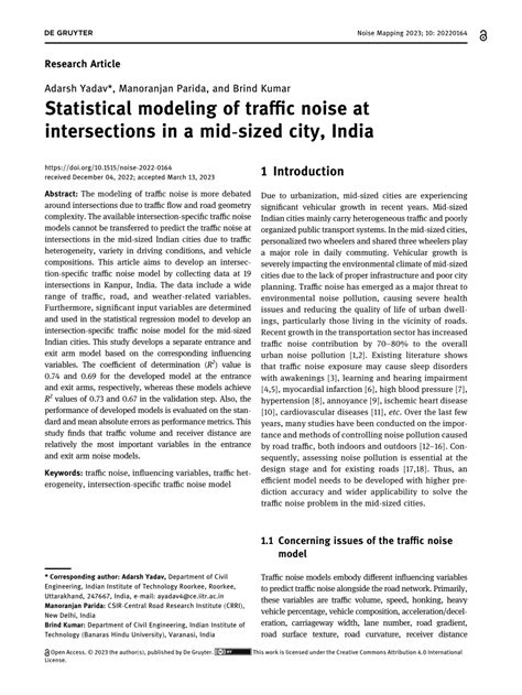 Pdf Statistical Modeling Of Traffic Noise At Intersections In A Mid Sized City India