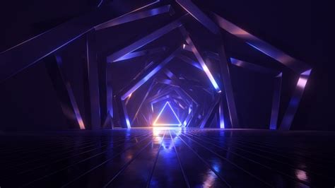 3d 렌더링 빛나는 삼각형 프레임이 있는 추상적인 기하학적 네온 배경 어두운 터널 끝의 레이저 선형 모양 0명에 대한 스톡 사진 및 기타 이미지 Istock
