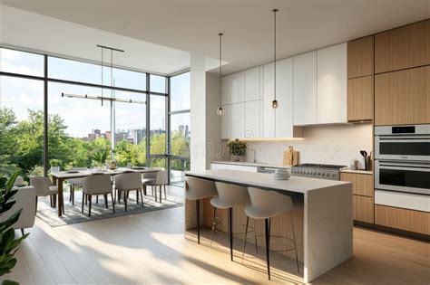 Cocina Moderna Y Zona De Comedor Con Grandes Ventanas Y Luz Natural