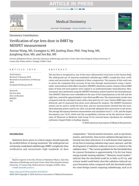 Pdf Verification Of Eye Lens Dose In Imrt By Mosfet Measurement