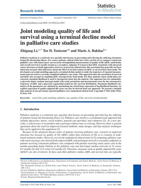 Pdf Joint Modeling Quality Of Life And Survival Using A Terminal Decline Model In Palliative