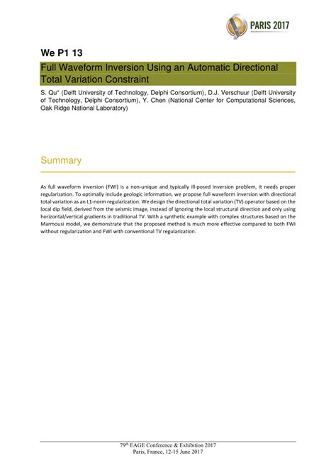 Pdf Full Waveform Inversion Using An Automatic Directional Total Variation Constraint