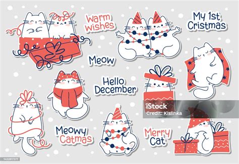 크리스마스와 겨울 벡터 일러스트 레이 션 캐릭터 컬렉션 크리스마스 및 새해를위한 재미있는 고양이를위한 고양이와 함께 재미있는
