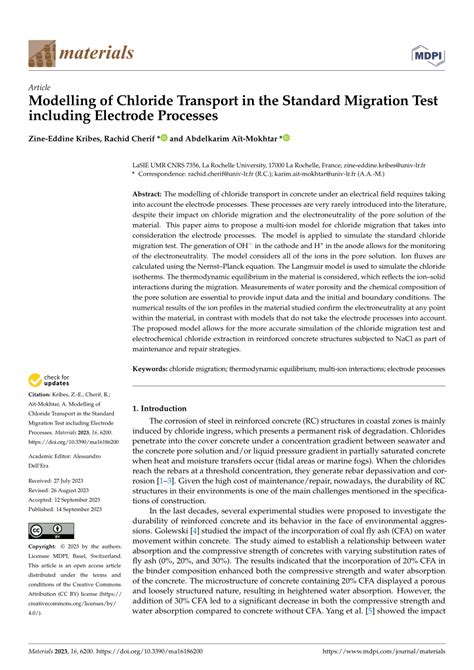 Pdf Modelling Of Chloride Transport In The Standard Migration Test Including Electrode Processes