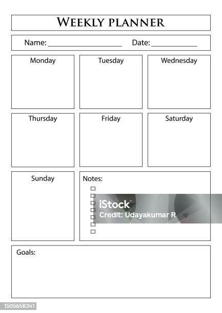 주간 플래너 템플렛 명확하고 간단한 인쇄 가능 비즈니스 주최자 페이지 종이 시트 사실적인 벡터 그림입니다 개념에 대한 스톡 벡터 아트 및 기타 이미지 Istock