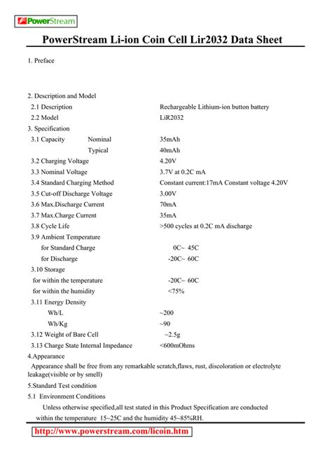 Powerstream Li Ion Coin Cell Lir2032 Data Sheet
