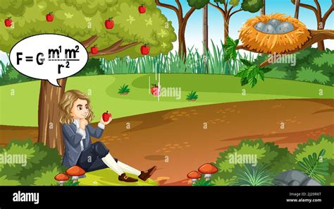 Isaac Newton Sitting Under Apple Tree Illustration Stock Vector Image