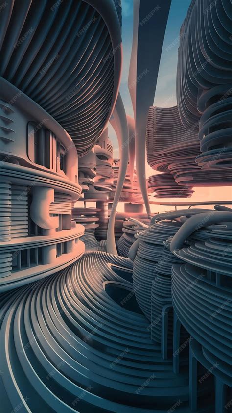 Striated Abstract Curvilinear Architecture 3d Rendering Premium Ai