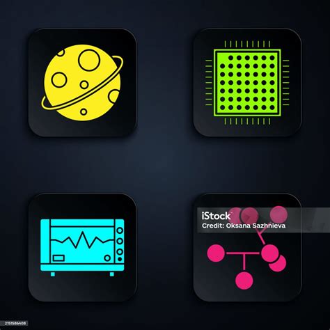 Set Molecule Planet Computer Monitor With Cardiogram And Processor Black Square Button Vector