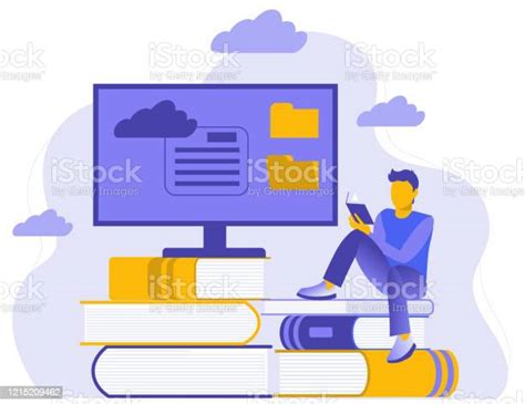책의 스택에 컴퓨터 모니터 문학을 읽고 지식을 얻고 학습 전자책을 클라우드에 저장합니다 데이터에 대한 스톡 벡터 아트 및 기타 이미지 Istock