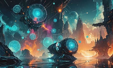 Futuristic City With Many Buildings And Large Colorful Glowing Orbs Stock Illustration