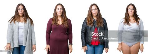 아름 다운 입술 고 우 스 꽝 스러운 제스처와 함께 고립 된 배경 만드는 물고기 얼굴 크기 여자 플러스의 콜라주 재미 있는 식입니다 플러스 사이즈 모델에 대한 스톡 사진 및