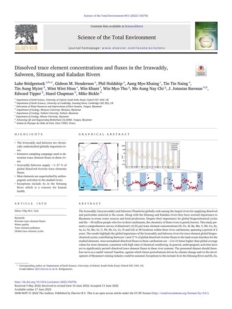 Pdf Dissolved Trace Element Concentrations And Fluxes In The