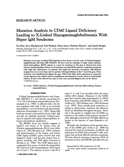Pdf Mutation Analysis In Cd40 Ligand Deficiency Leading To X Linked