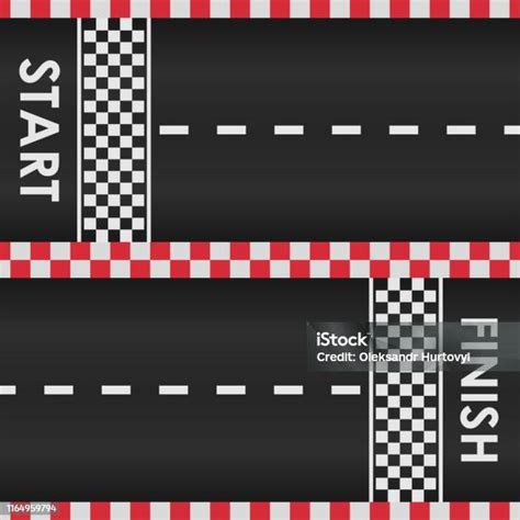 빨간색 체크 러 테두리와 경주 도로 배경 시작과 결승선 경주 트랙 맨 위 보기 카트 포뮬러 1 나스카 경주를위한 템플릿 디자인 스포츠 레이스에 대한 스톡 벡터 아트 및 기타