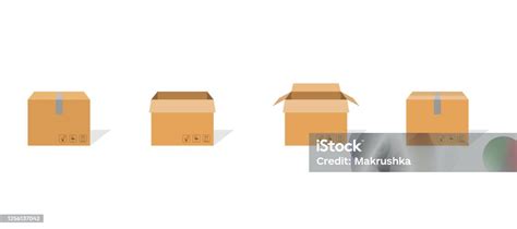 판지 상자 컨테이너 세트입니다 스카치와 깨지기 쉬운 표지판이 있는 소포 배달 소포 그림자가 있는 탁자 팩을 열고 닫힙시다 평면