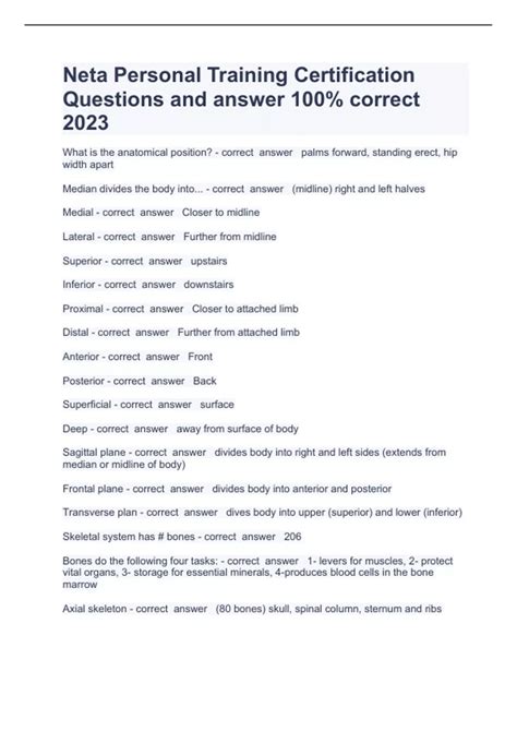 Neta Personal Training Certification Questions And Answer 100 Correct 2023 Neta Personal