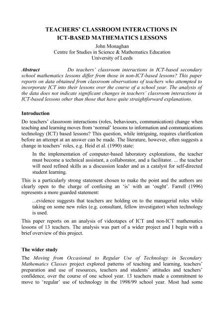 Teachers Classroom Interactions In Ict Based Mathematics Lessons