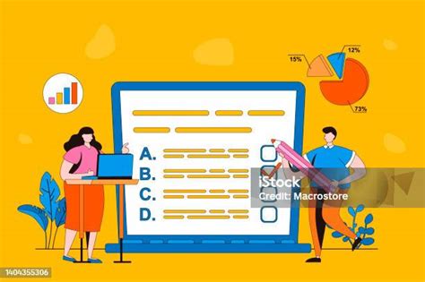 평면 2d 디자인의 온라인 설문 조사 웹 개념 여성과 남성은 온라인 설문 조사 양식 또는 설문지를 작성하여 랩톱을 사용하여 시험을위한 온라인 테스트를합니다 사람 장면이 있는