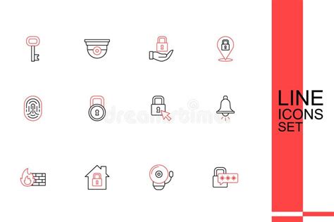 Set Line Cyber Security Ringing Alarm Bell House Under Protection Firewall Wall Lock And