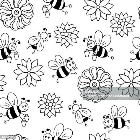 꿀과 꽃 색칠 페이지와 손으로 그린 귀여운 만화 꿀벌벡터 원활한 패턴 벌에 대한 스톡 벡터 아트 및 기타 이미지 벌 색칠하기 연속무늬 Istock