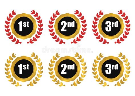 A Set Of Gold And Red Laurel Wreath Medal Badges For 1st 2nd And 3rd