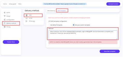 how do i set my own sms or email otp message template for shopify store