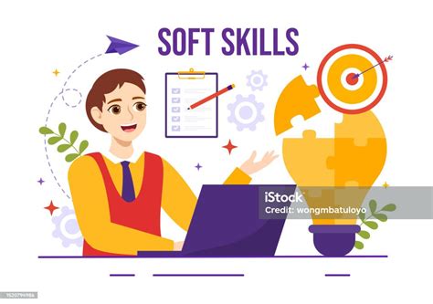 소프트 스킬 벡터 일러스트레이션 사무실 노동자 공감 의사 소통 아이디어 개발 기술 및 교육에 대한 평면 배경 템플릿 개발에 대한 스톡 벡터 아트 및 기타 이미지 Istock