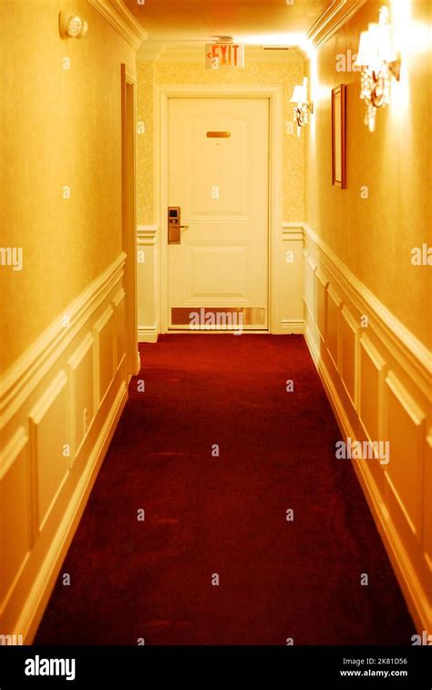 A Vertical Shot Of A Luxury Corridor With The Exit Sign Stock Photo Alamy