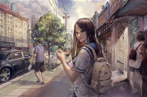 Обои на рабочий стол Аниме девушка в школьной форме на улице мегаполиса