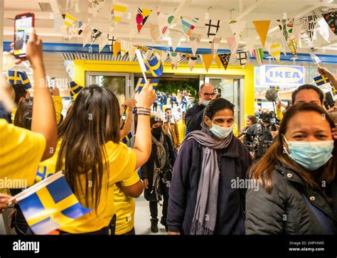 Editorial Use Only The First Customers Are Greeted By Ikea Co Workers At The Official Opening Of