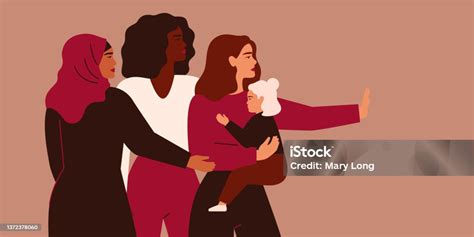 여성들은 자녀를 손에 안고 있는 젊은 어머니를 지지합니다 여성 지역 사회는 아이들과 함께 독신 엄마에 대한 도움과 관심 여자에 대한 스톡 벡터 아트 및 기타 이미지 Istock