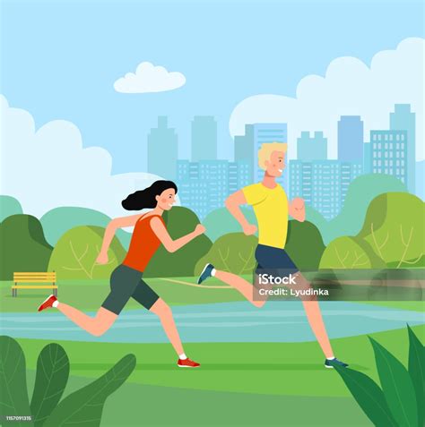마라톤을 달리는 남녀 도시 공원에서 풍경 벡터 플랫 스타일 일러스트레이션입니다 건강한 생활방식에 대한 스톡 벡터 아트 및 기타