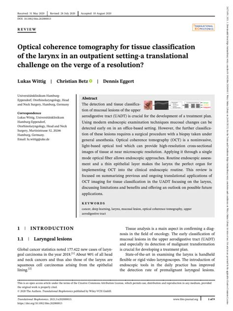 Transl Biophotonics 2020 Wittig Optical Coherence Tomography For Tissue Classification Of