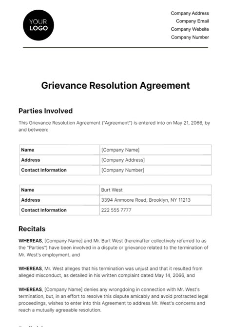 Free Grievance Resolution Agreement Hr Template To Edit Online