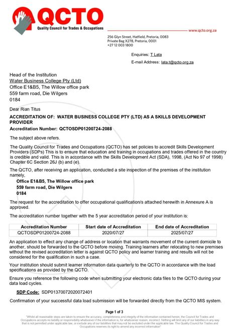 QCTO Accreditation Letter Water Business College