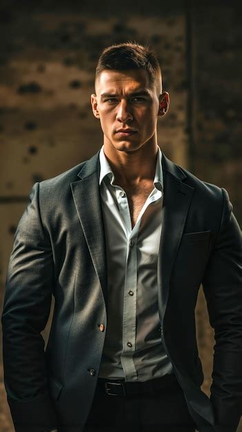 A Man In A Suit Standing In Front Of A Wall Premium Ai Generated Image