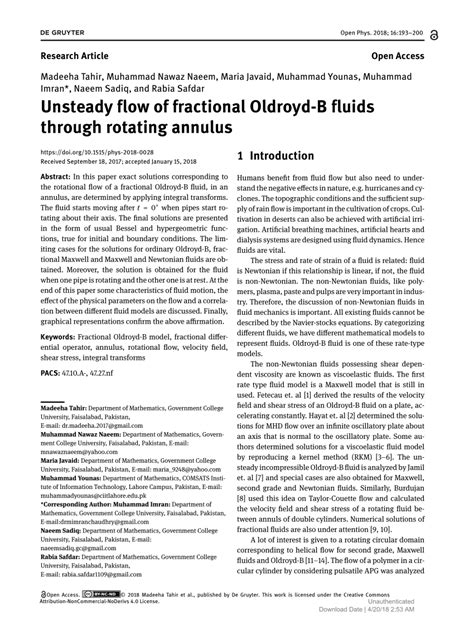 Pdf Unsteady Flow Of Fractional Oldroyd B Fluids Through Rotating Annulus
