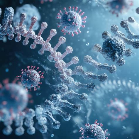 Close Up View Of A Molecular Rna Chain Surrounded By Various Viruses In A Biological Environment