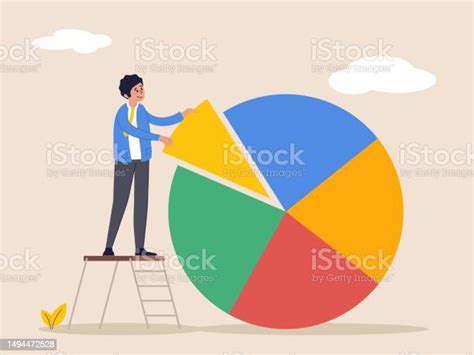 투자 자산 배분 및 재조정 개념 사다리에 있는 사업가는 위험과 수익에 적합하도록 투자 포트폴리오를 재조정하기 위해 파이 차트를