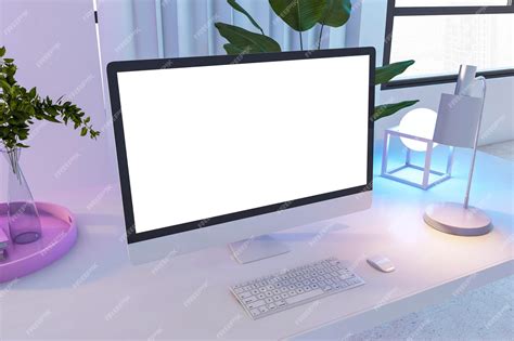 빈 흰색 컴퓨터 모니터 장식 식물 및 기타 개체가 있는 창의적인 디자이너 사무실 데스크탑은 3d 렌더링을 조롱합니다 프리미엄 사진
