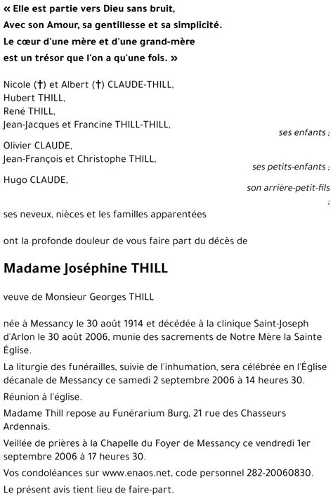 Avis De Décès De Joséphine Thill Décédé Le 30082006 à Arlon Annonce Condoléances Fleurs