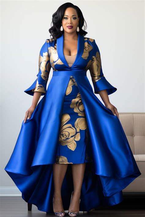 Xpluswear Design Plus Size Formal Royal Blue Floral Turndown Collar
