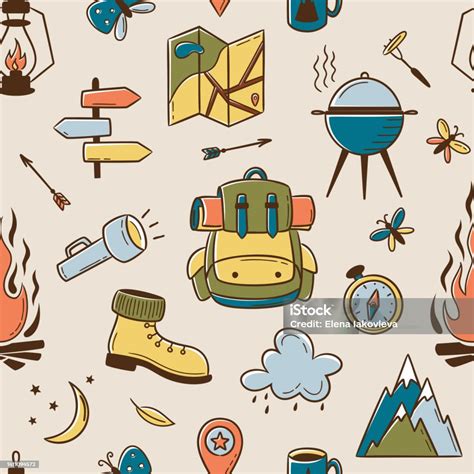 원활한 여름 캠프 패턴 여행 및 숲에서의 하룻밤 야외 산악 캠핑 어드벤처 요소 아이들을위한 멋진 인쇄 여행 여행 벽지 직물 베이지 색 배경의 여행 아이템 캠핑에 대한 스톡