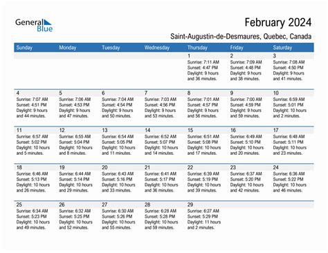 February 2024 Sunrise And Sunset Calendar For Saint Augustin De