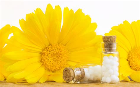 동종 요법 소구와 흰색 배경에 금송화의 노란색 꽃의 배경에 유리 병 대체 동종 요법 약 허브 Healtcare 및 알 약 배너 복사 공간을 복사합니다 0명에 대한 스톡 사진